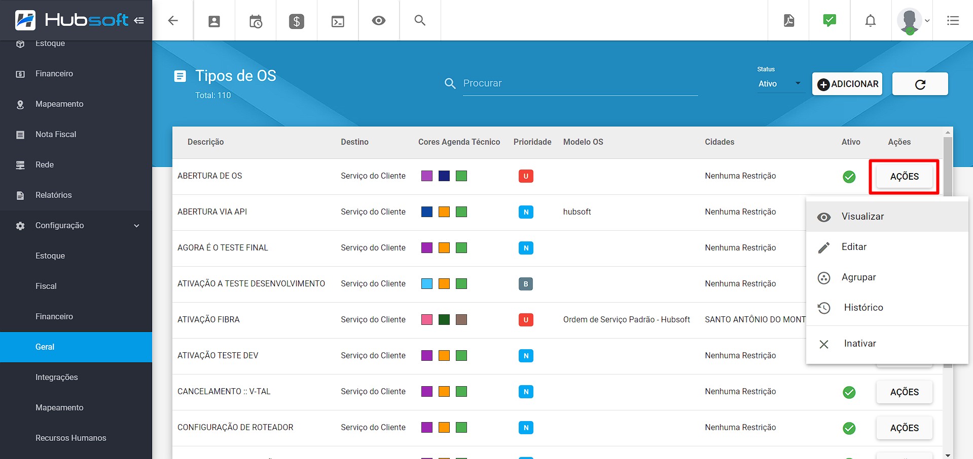 Tipos de O.S | Wiki HubSoft