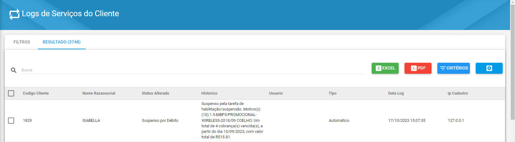 Logs de Serviços do Cliente | Wiki HubSoft